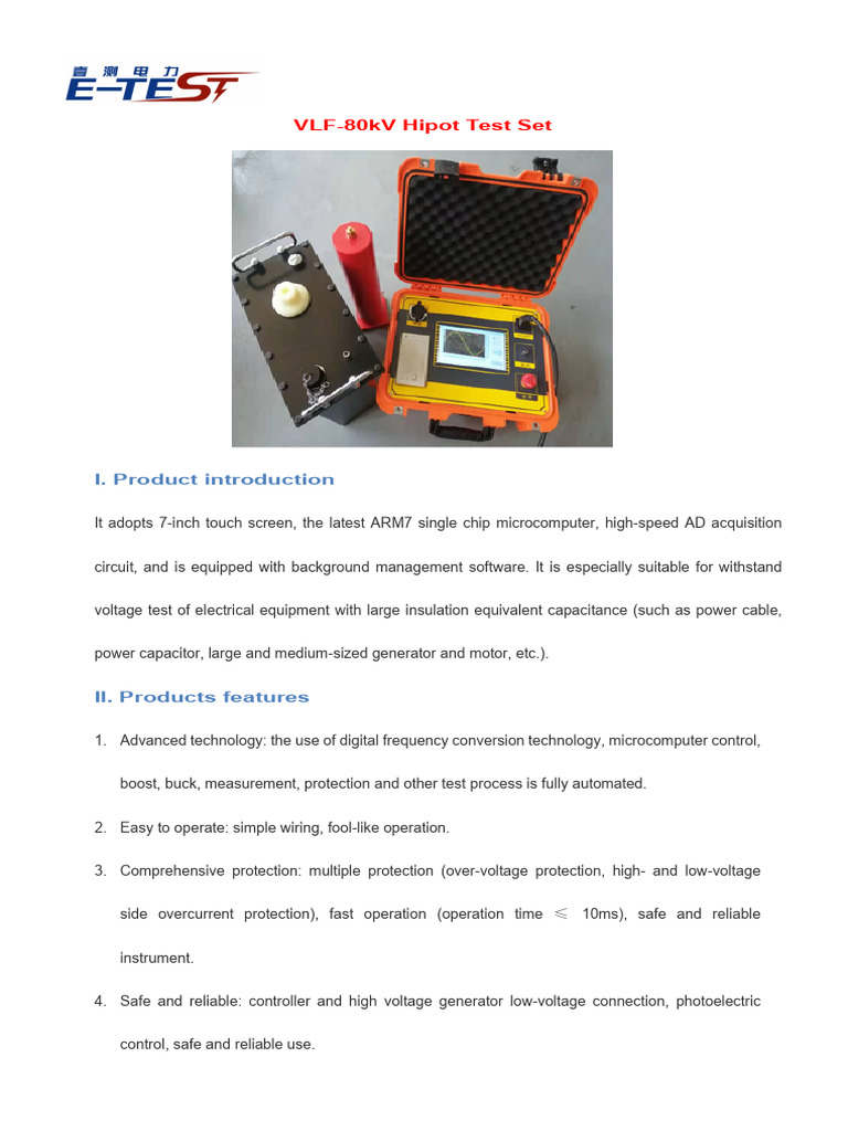 Voltage Test VLF-80kV Hipot Tester-E-TEST | PDF | Power Supply | Capacitor