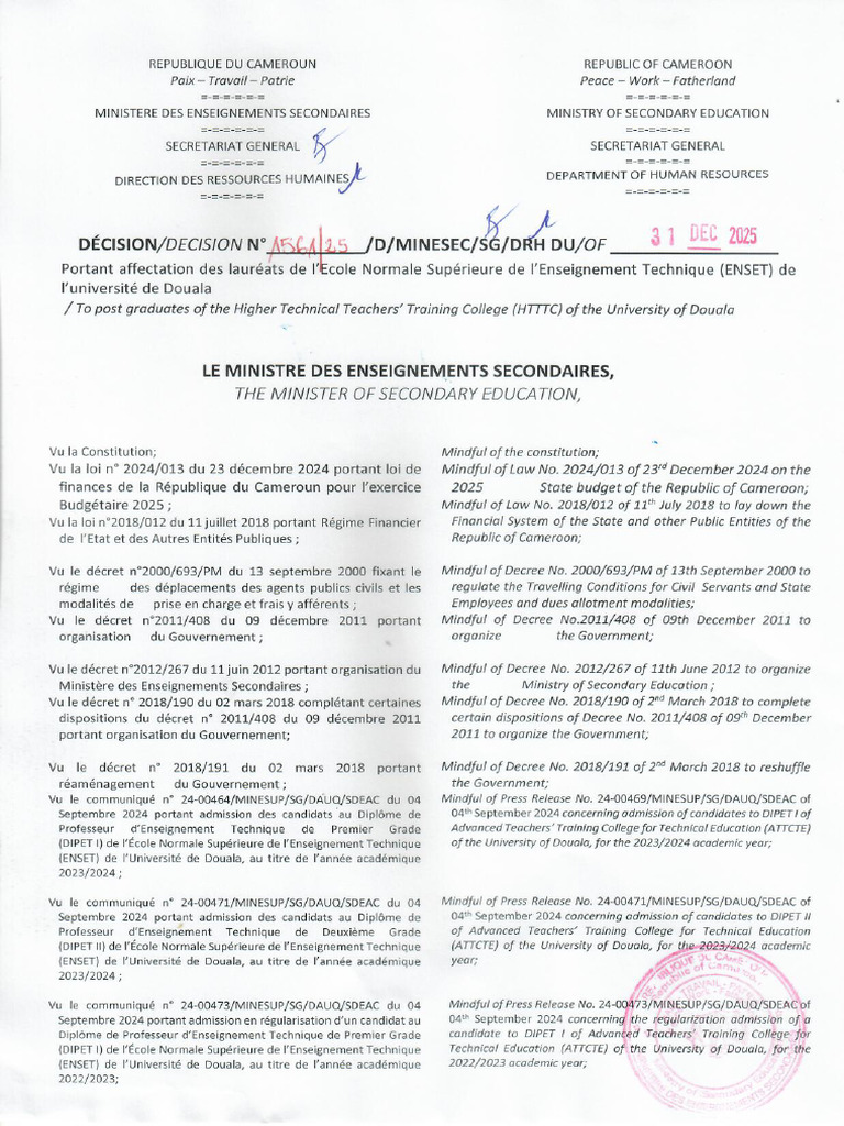 1561 25 Affectation ENSET Douala 31-12-2025 | PDF