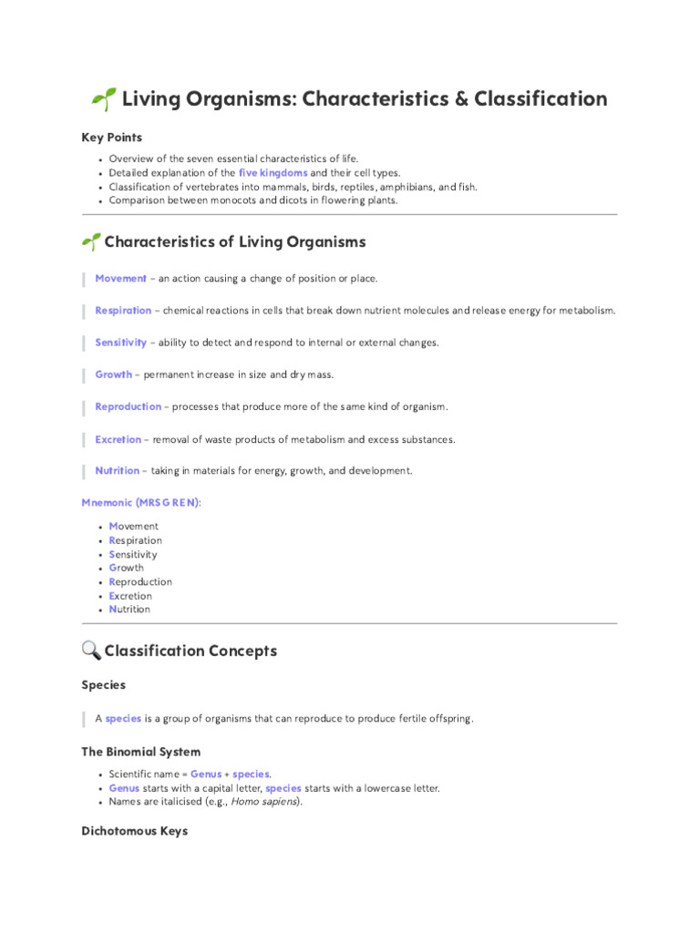 Characteristics & Classification of Living Organisms | PDF | Cell ...