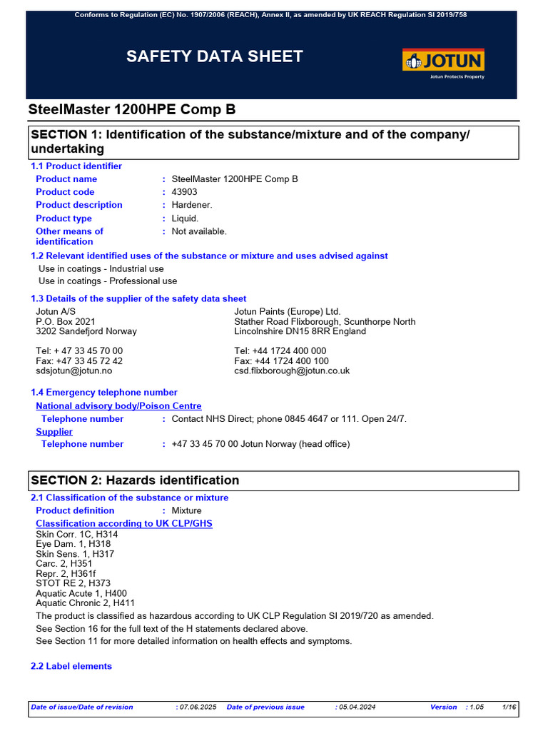 SteelMaster 1200HPE Comp B Safety Data | PDF | Chemical Substances ...
