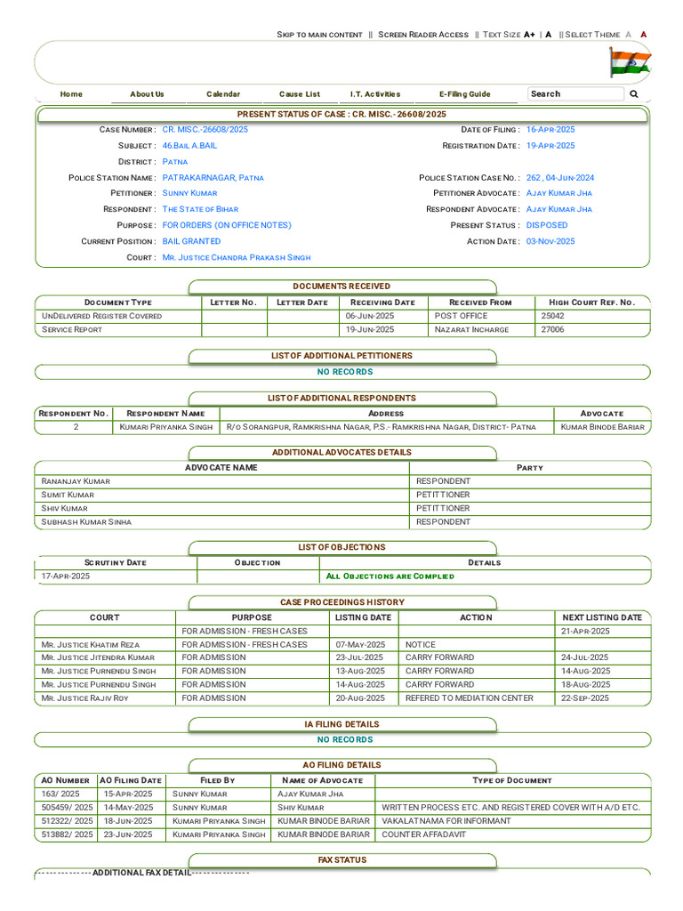 Patna High Court Case Status CR. MISC.-26608/2025 | PDF