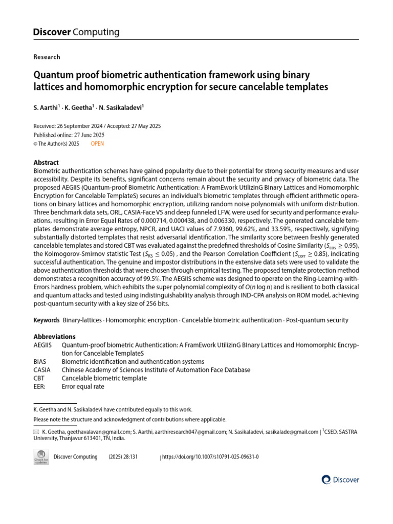 Quantum Proof Biometric Authentication Framework U | PDF | Biometrics ...