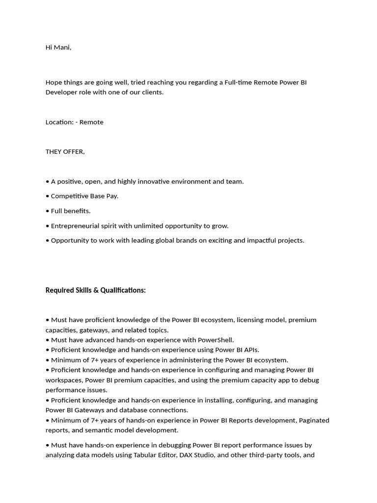 Power BI Developer JD | PDF