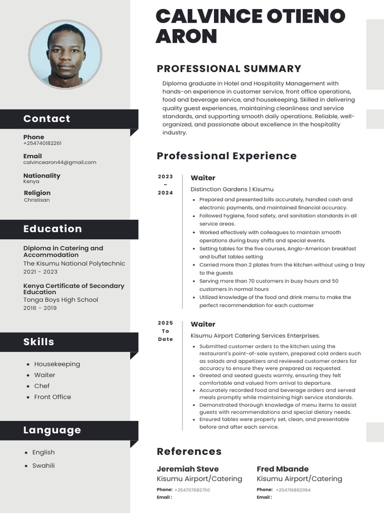 Calvince Otieno Aro CV Resume | PDF | Waiting Staff | Menu