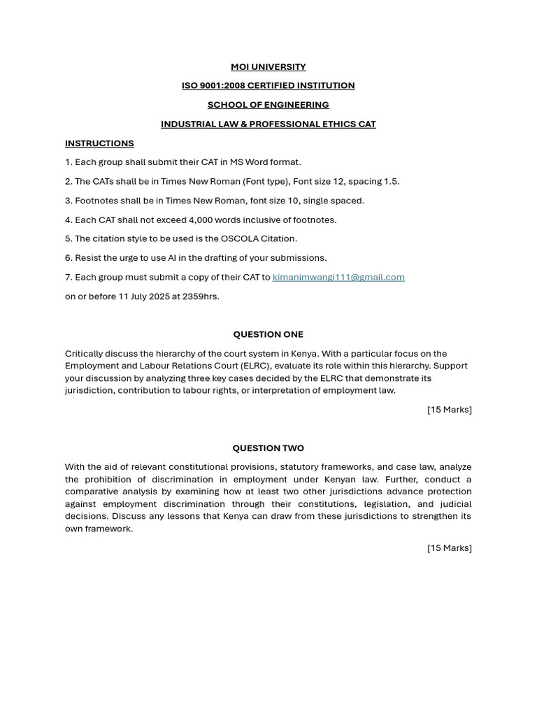 Moi University S.O.E - Industrial Law & Professional Ethics Cat - 2025 ...