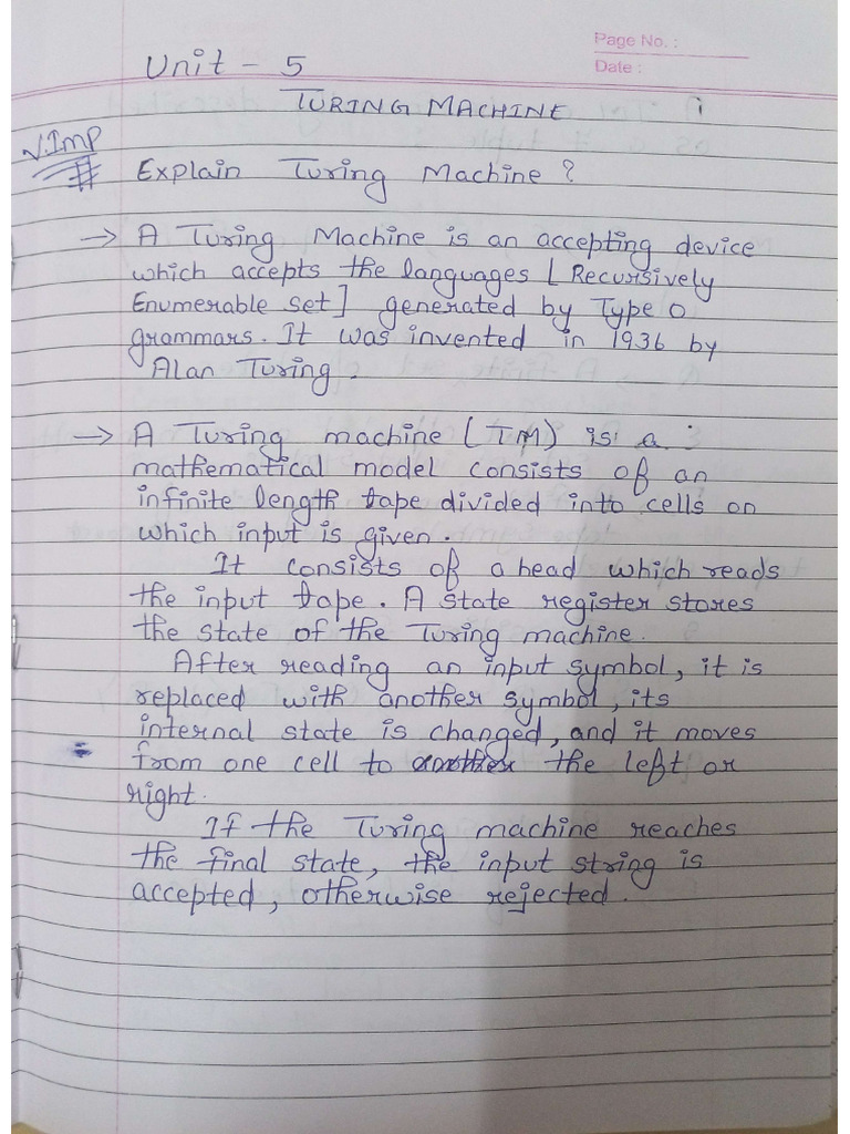 Toc Notes Unit 5 Turing Machine | PDF