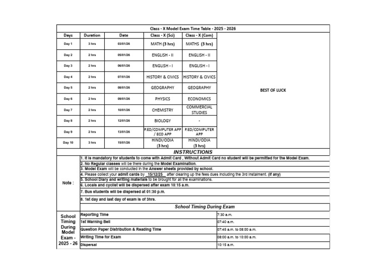 Class X Model Exam Timetable 2025-26 | PDF | Chess Openings | Chess