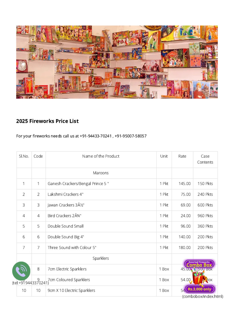 2025 Fireworks Price List India _ Sivakasi Ayyanar Traders | PDF