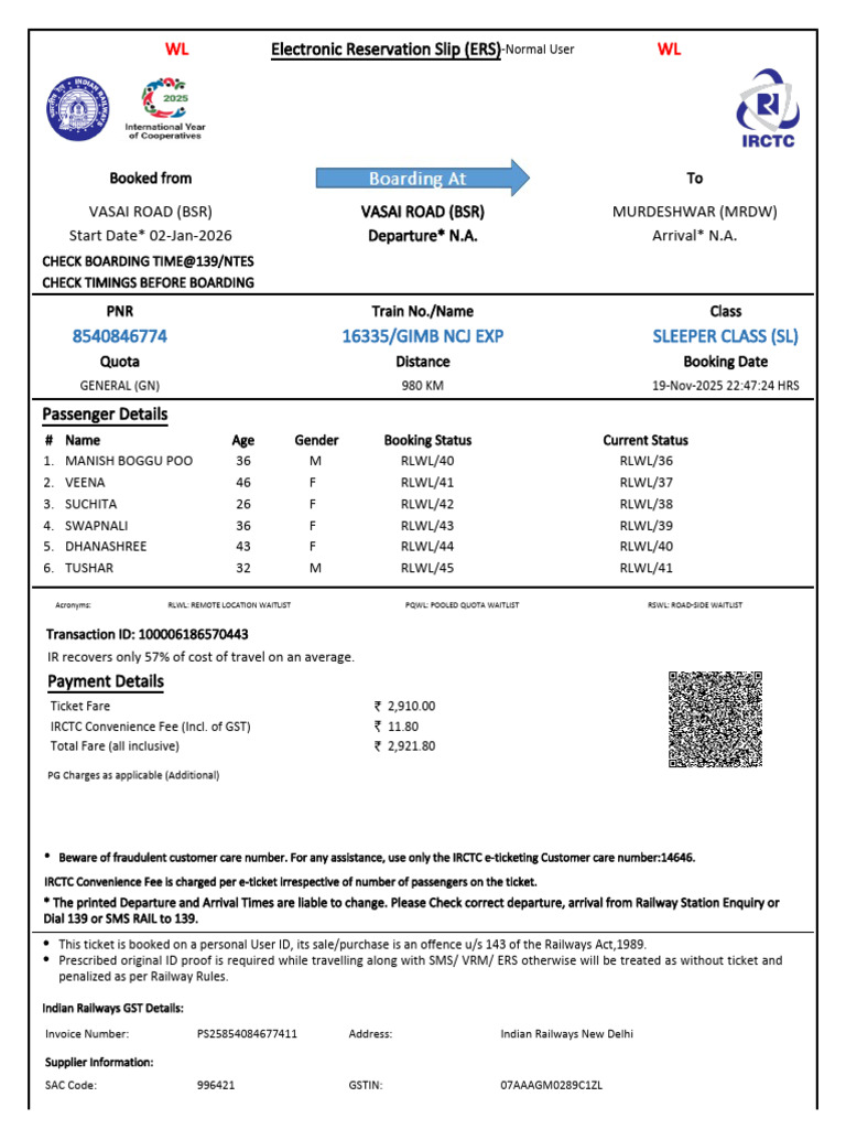 16335/GIMB NCJ EXP Sleeper Class (SL) : WL WL | PDF | Identity Document ...
