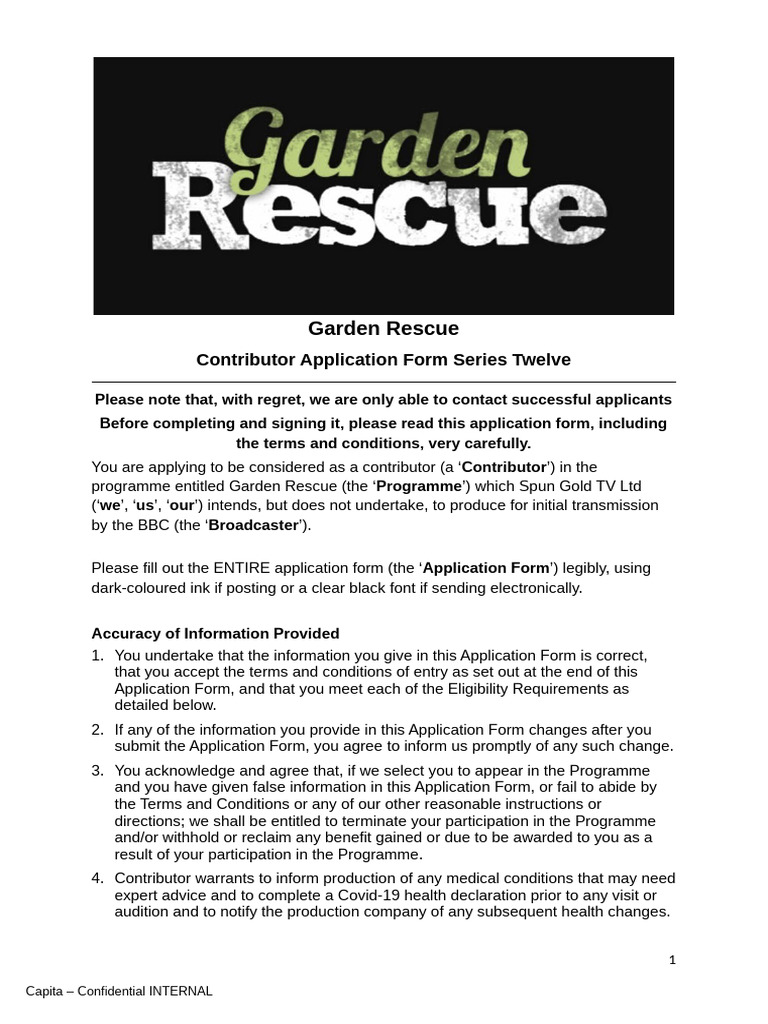 Garden Rescue Contributor Application Form | PDF | Bbc | Confidentiality