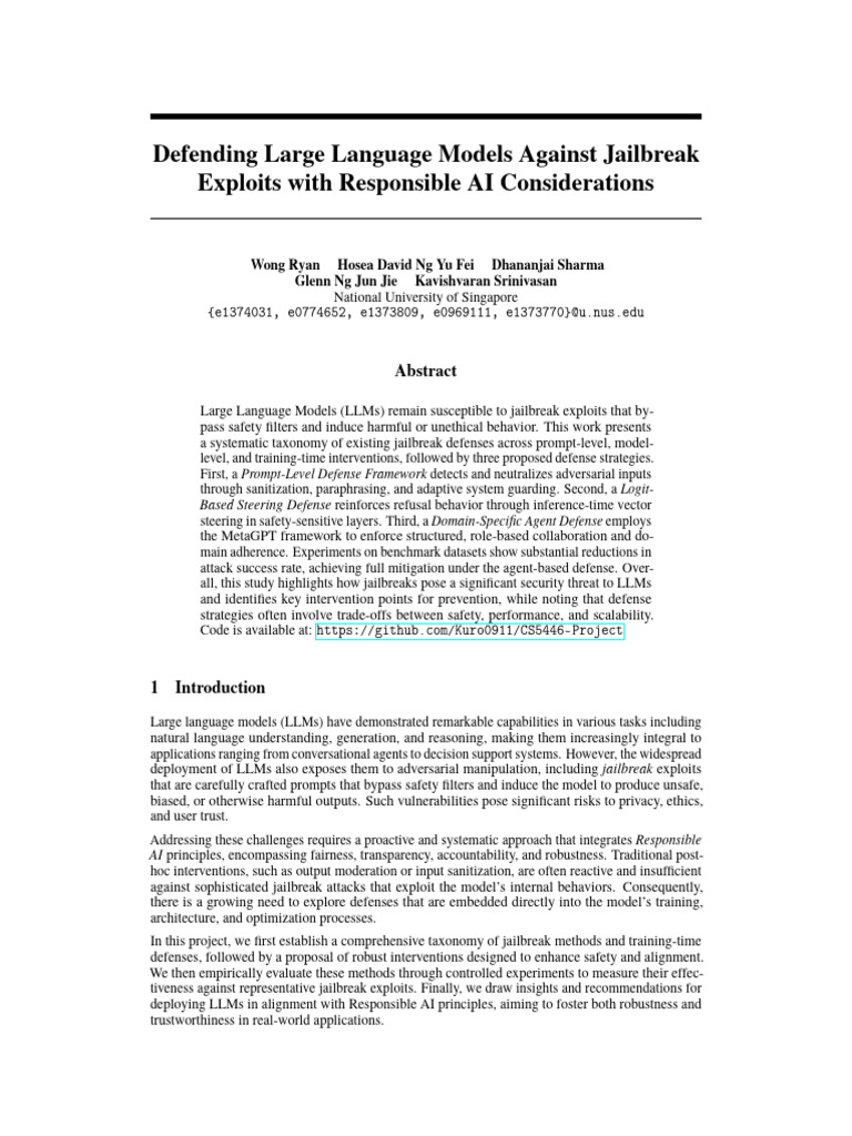 Defending LLMs Against Jailbreak Exploits | PDF