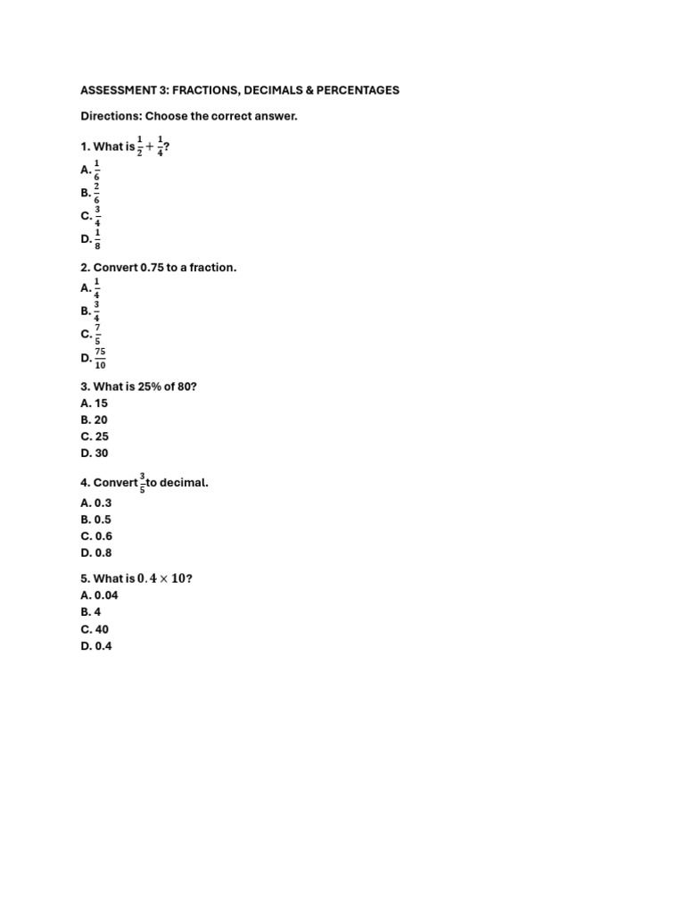 Fractions, Decimals & Percentages Quiz | PDF