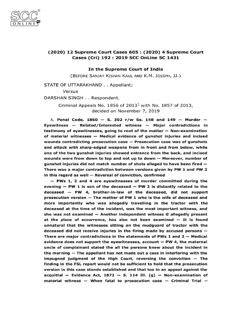 State of Uttarakhand v. Darshan Singh, (2020) 12 SCC 605 | PDF | Courts ...