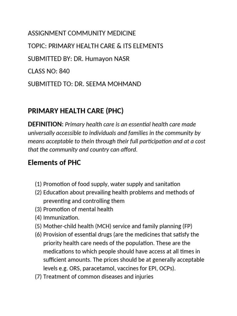 Primary Health Care & Its Elements-1 | PDF