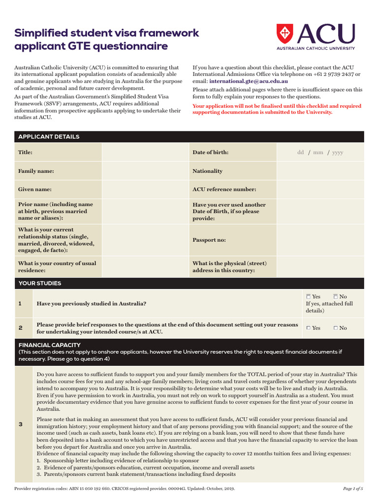 ACU Student Visa GTE Questionnaire | PDF | Travel Visa | Birth Certificate