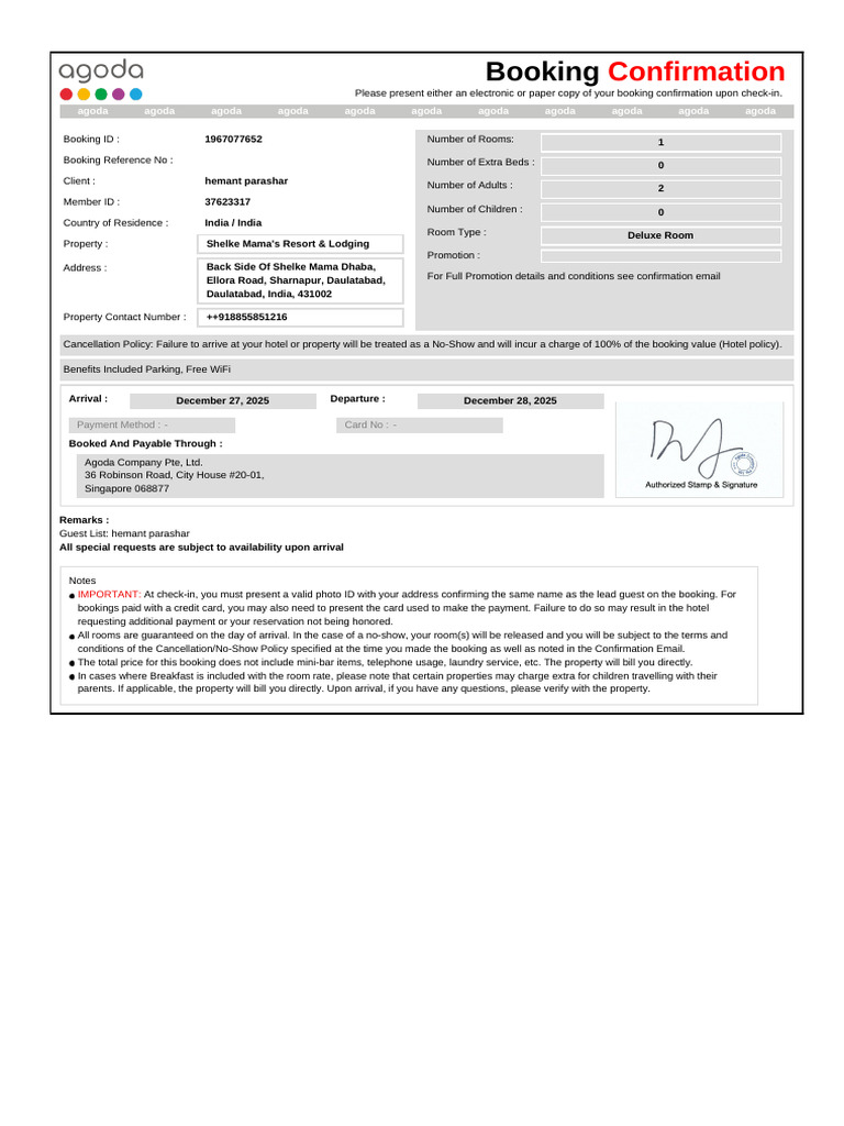 Confirmation For Booking ID # 1967077652 | PDF
