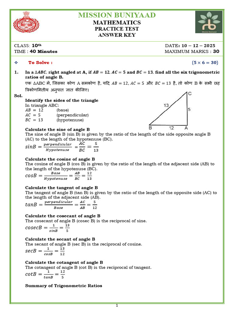 Class 10 Math Practice Test Answer Key | PDF | Trigonometric Functions ...