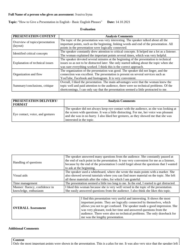 English Presentation Tips & Evaluation | PDF | Learning | Communication