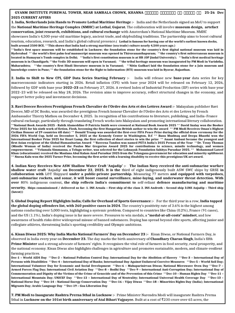 Current Affairs Summary: December 2025 | PDF