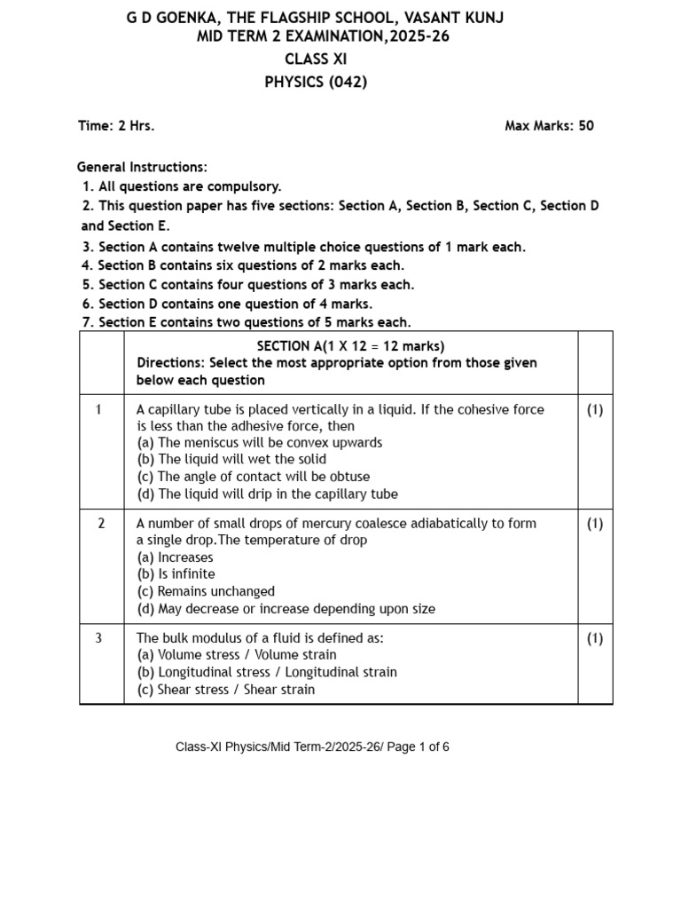 Class XI Physics Mid Term Exam 2025-26 | PDF | Surface Tension | Young ...