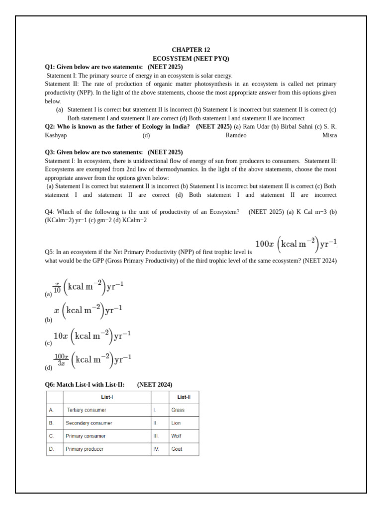 NEET Ecosystem Questions and Answers | PDF | Primary Production | Ecosystem