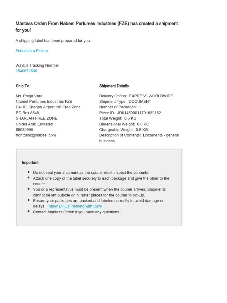 DHL Shipment Details for Pooja Vara | PDF