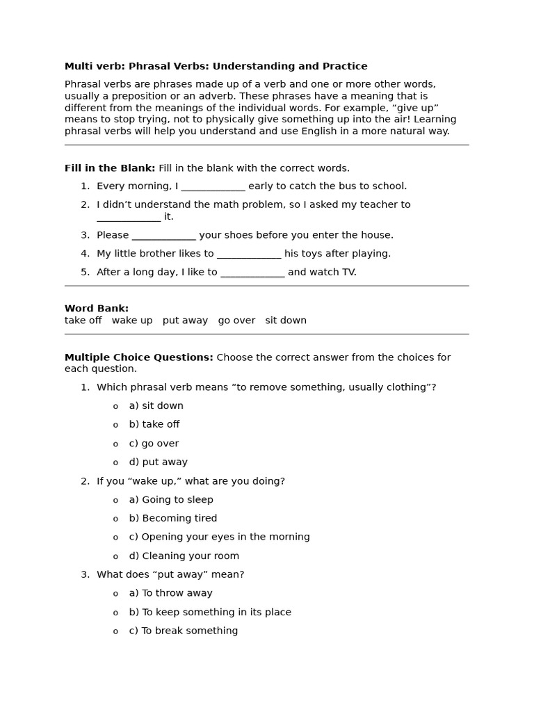Multi Verb Phrases Worksheet | PDF | English Language | Verb