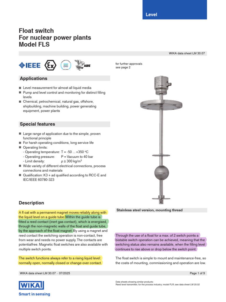Magnetic Float Switch for Nuclear Plants | PDF