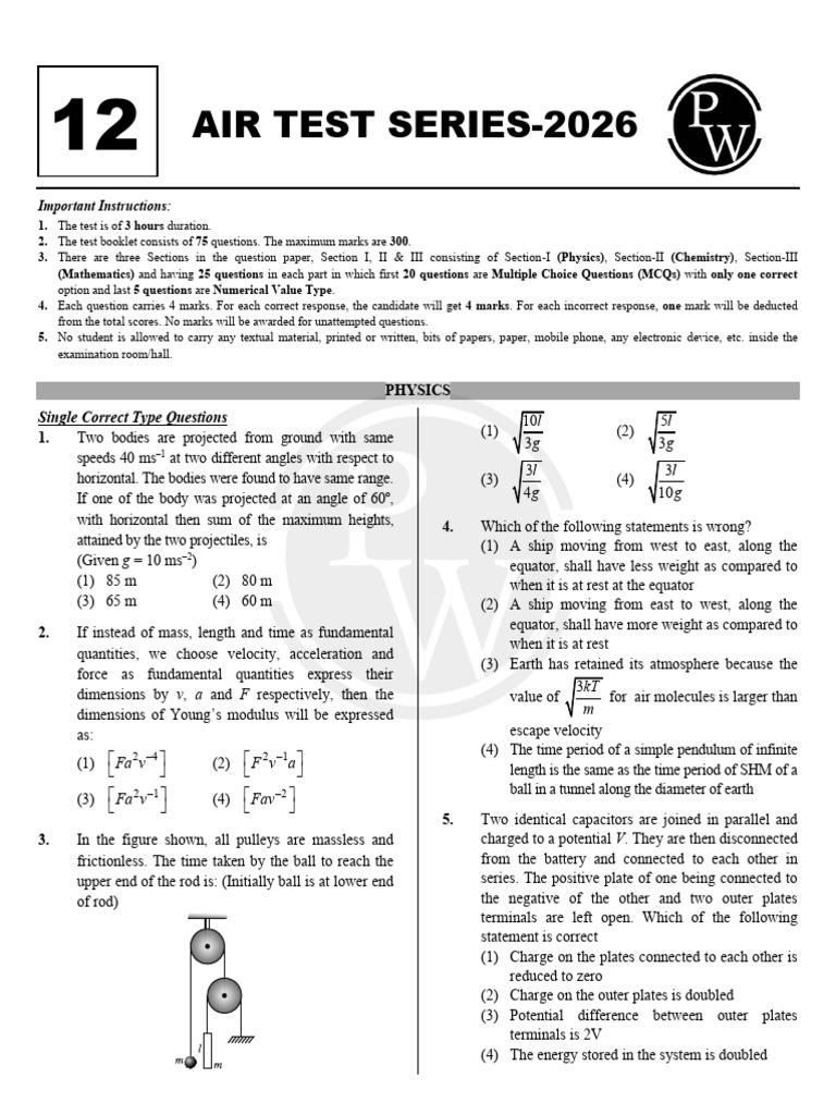 JEE Physics Test Paper Instructions | PDF | Multiple Choice