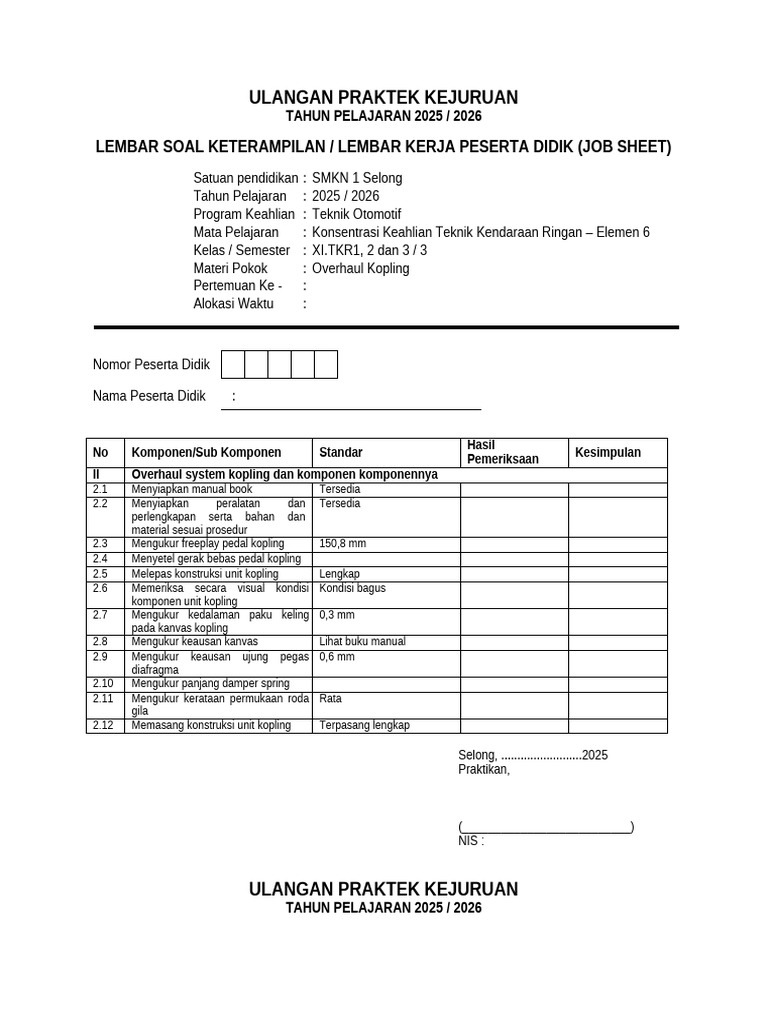7.2. Job Sheet dan Lembar Nilai Overhaul Kopling | PDF