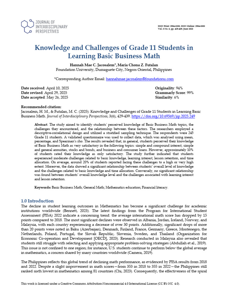Knowledge and Challenges of Grade 11 Students in Learning Basic ...