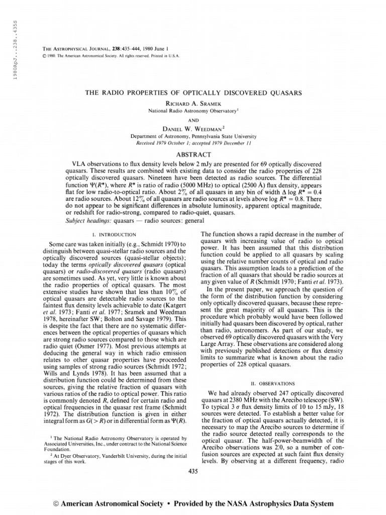 Radio Properties of Optically Discovered Quasars | PDF | Quasar | Astronomy