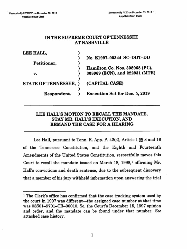 Hall - Motion to Recall Mandate Stay Execution Remand for Hearing | PDF