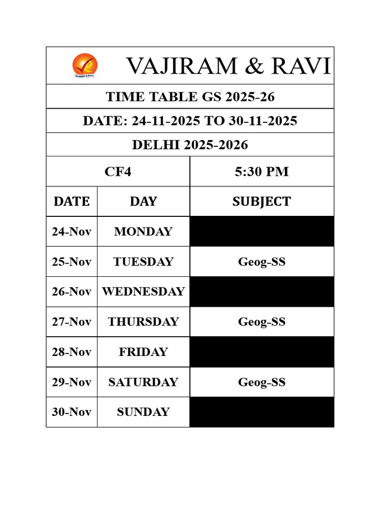 VAJIRAM & RAVI GS Timetable 2025-26 | PDF