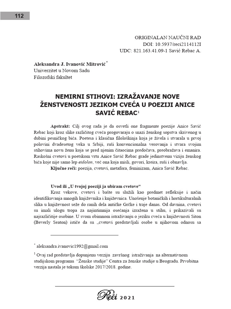 Nemirni Stihovi - Izražavanje Nove Ženstvenosti Jezikom Cveća u Poeziji ...
