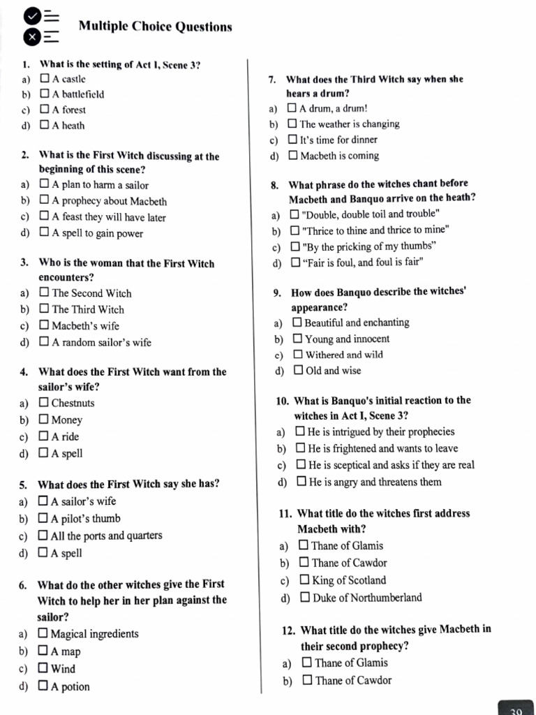 Macbeth Act I Scene 3 Quiz Questions | PDF | Macbeth | Shakespearean ...