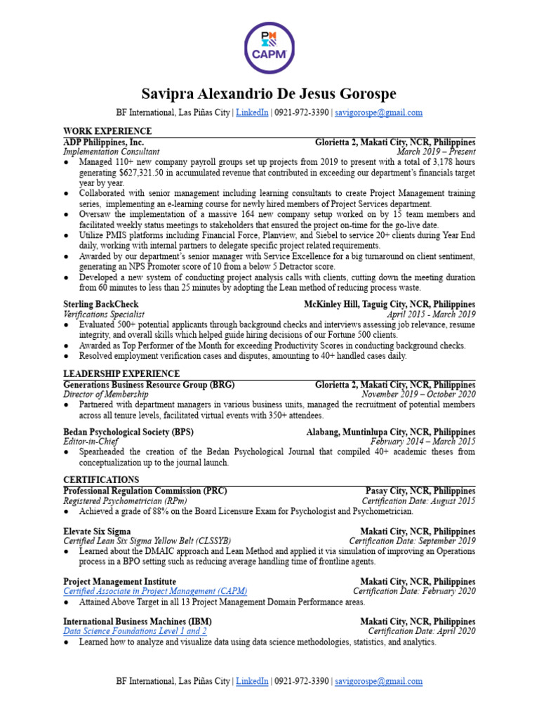 Savipra Gorospe's Professional Profile | PDF | Six Sigma | Business