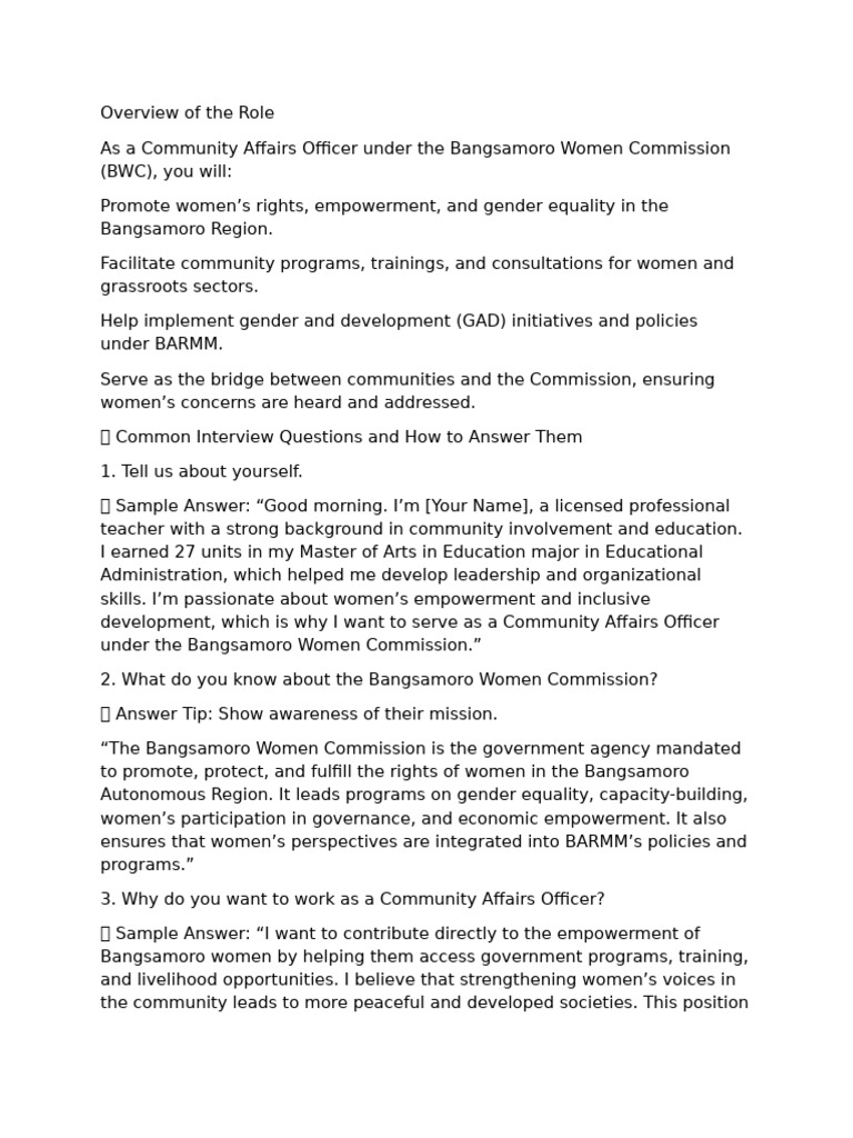 Community Affairs Officer Interview | PDF | Gender And Development ...