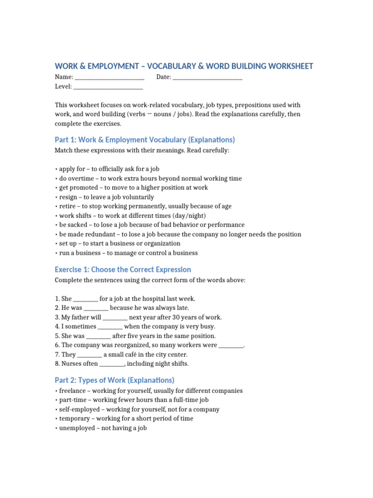 Work & Employment Vocabulary Worksheet | PDF | Verb | Language Mechanics