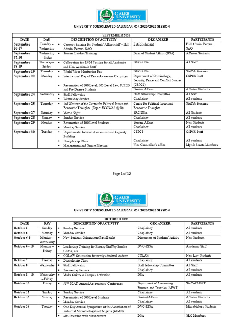 CONSOLIDATED CALENDAR - 1st SEMESTER 2025-2026 SESSSION | PDF ...