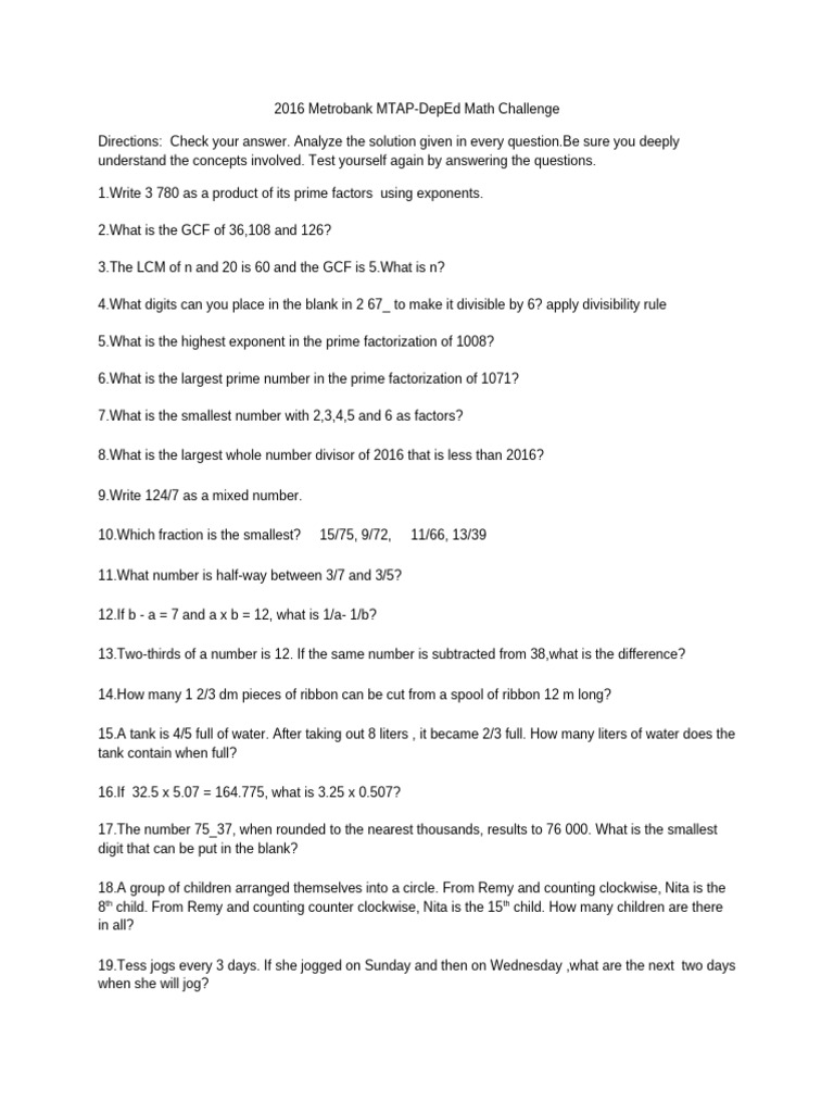 2016 Metrobank Math Challenge Questions | PDF | Area | Numbers
