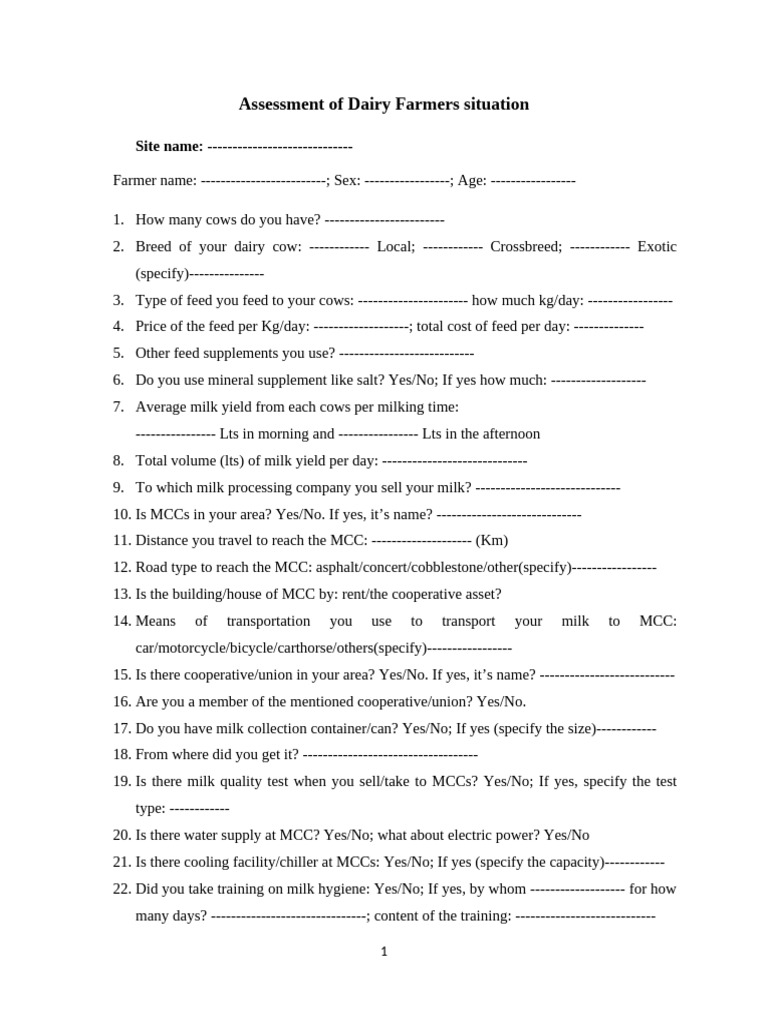 Dairy Farmers Assessment Questionnaire | PDF | Dairy Farming | Dairy