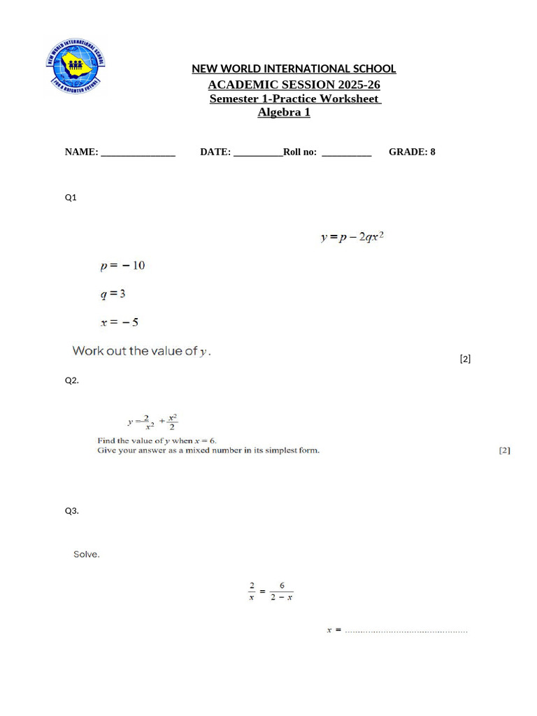 Algebra 1 Practice Worksheet Grade 8 | PDF