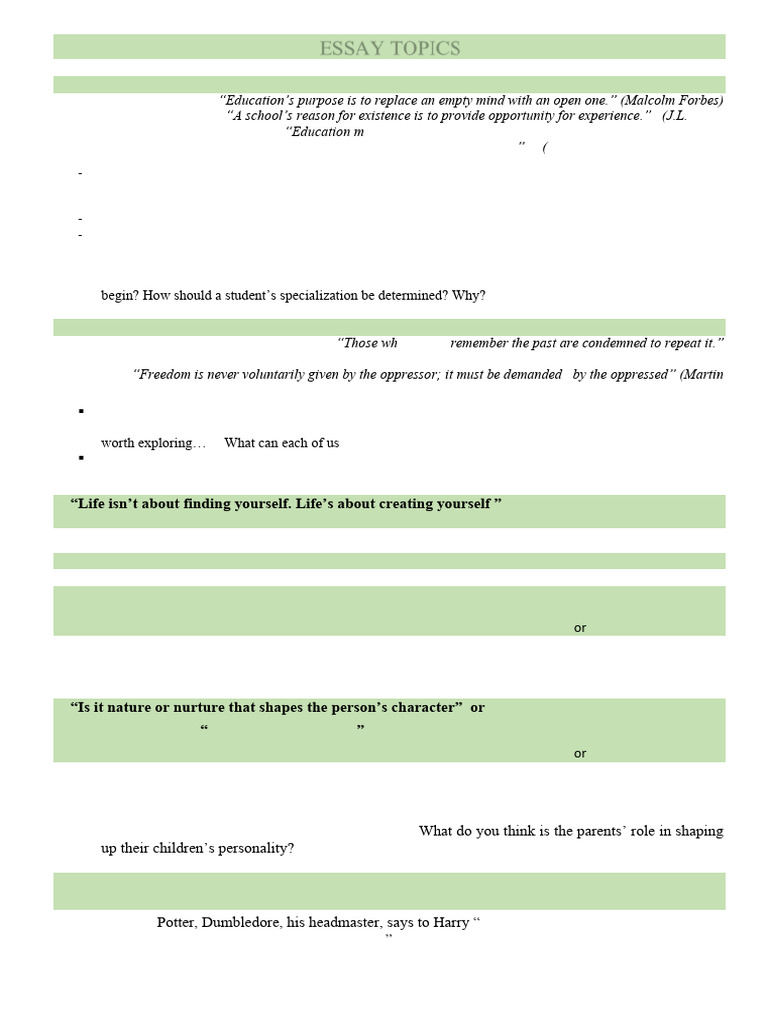 Essay Topics - 2023-2024 (Updated) | PDF | Well Being | Behavioural ...