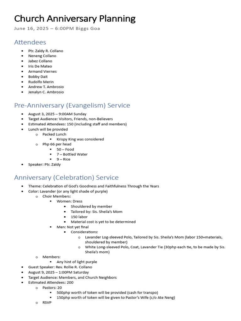 Church Anniversary Event Planning Guide | PDF