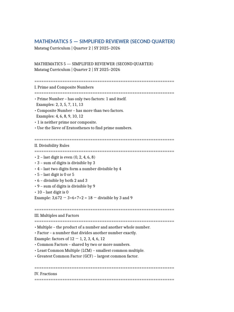 Math 5 Second Quarter Review Guide | PDF | Multiplication | Numbers