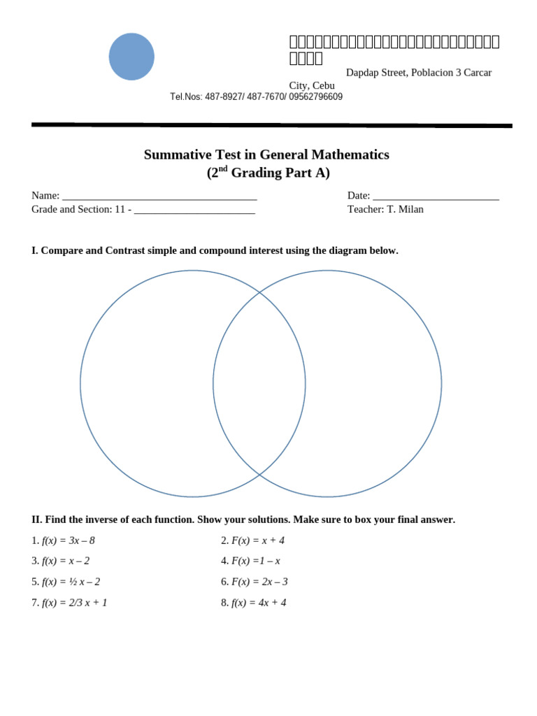 General Mathematics Summative Test | PDF