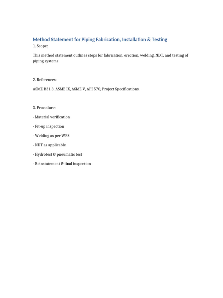 Piping Fabrication & Testing Method Statement | PDF