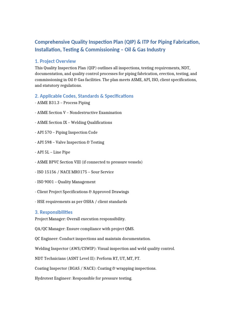Oil Gas Comprehensive QIP ITP | PDF | Nondestructive Testing | Pipe ...