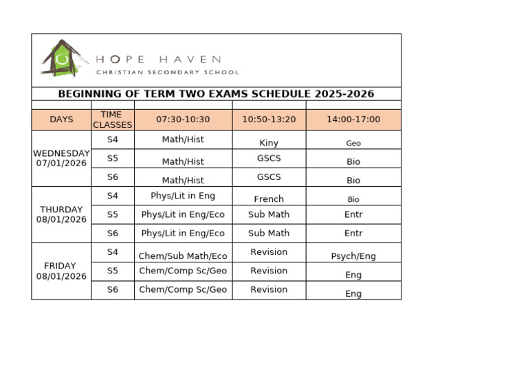 Updated Beginning of Term Two Exams Schedule 2025-2026 -.Xlsb | PDF